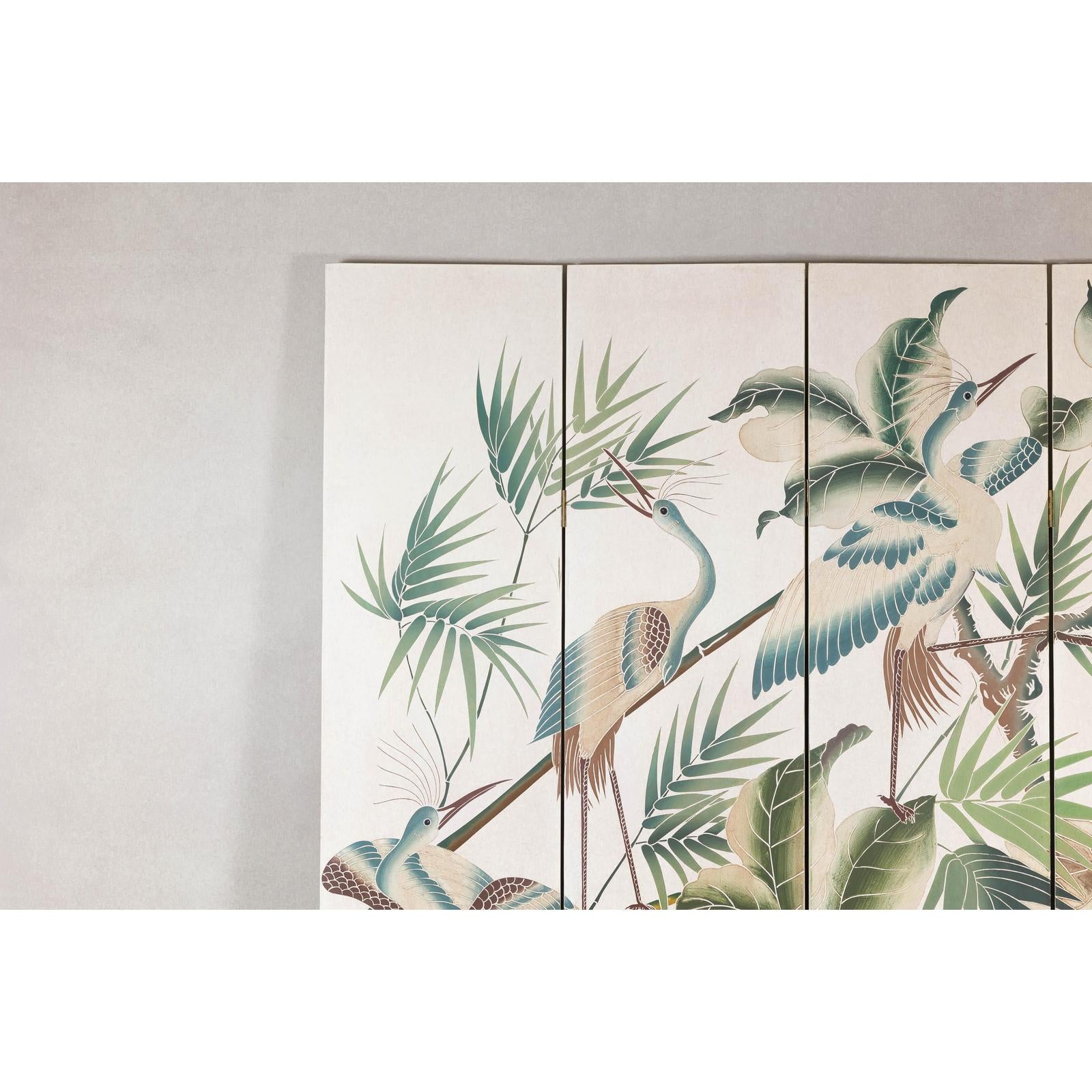 White Four-Panel Screen with Cranes and Foliage | FEA Home