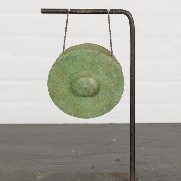 Small Tabletop Bronze Gong on Custom Base in Verdigris Patina | FEA Home