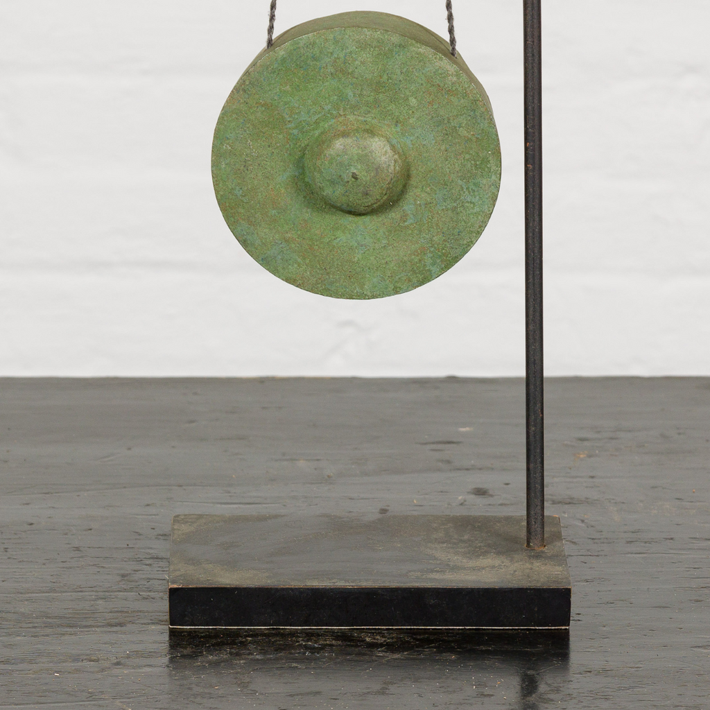 Small Tabletop Bronze Gong on Custom Base in Verdigris Patina | FEA Home