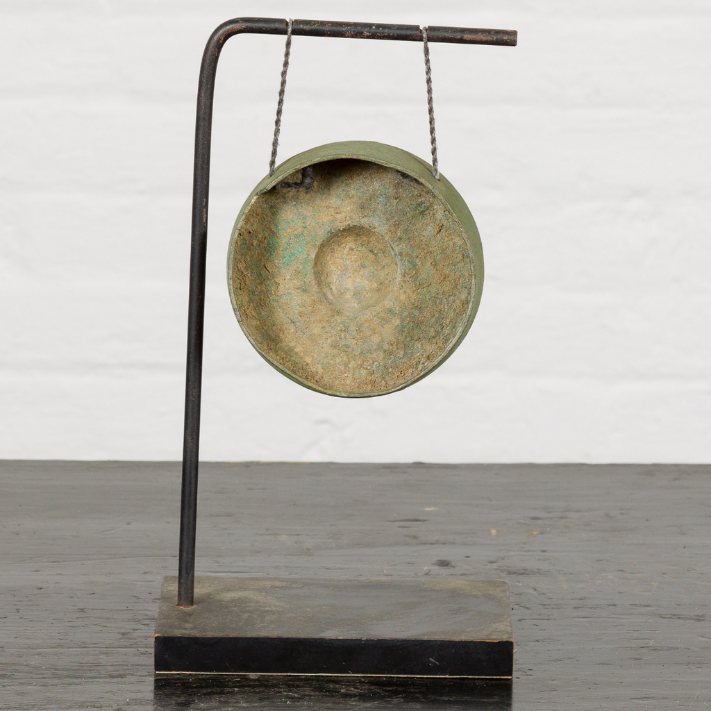 Small Tabletop Bronze Gong on Custom Base in Verdigris Patina | FEA Home