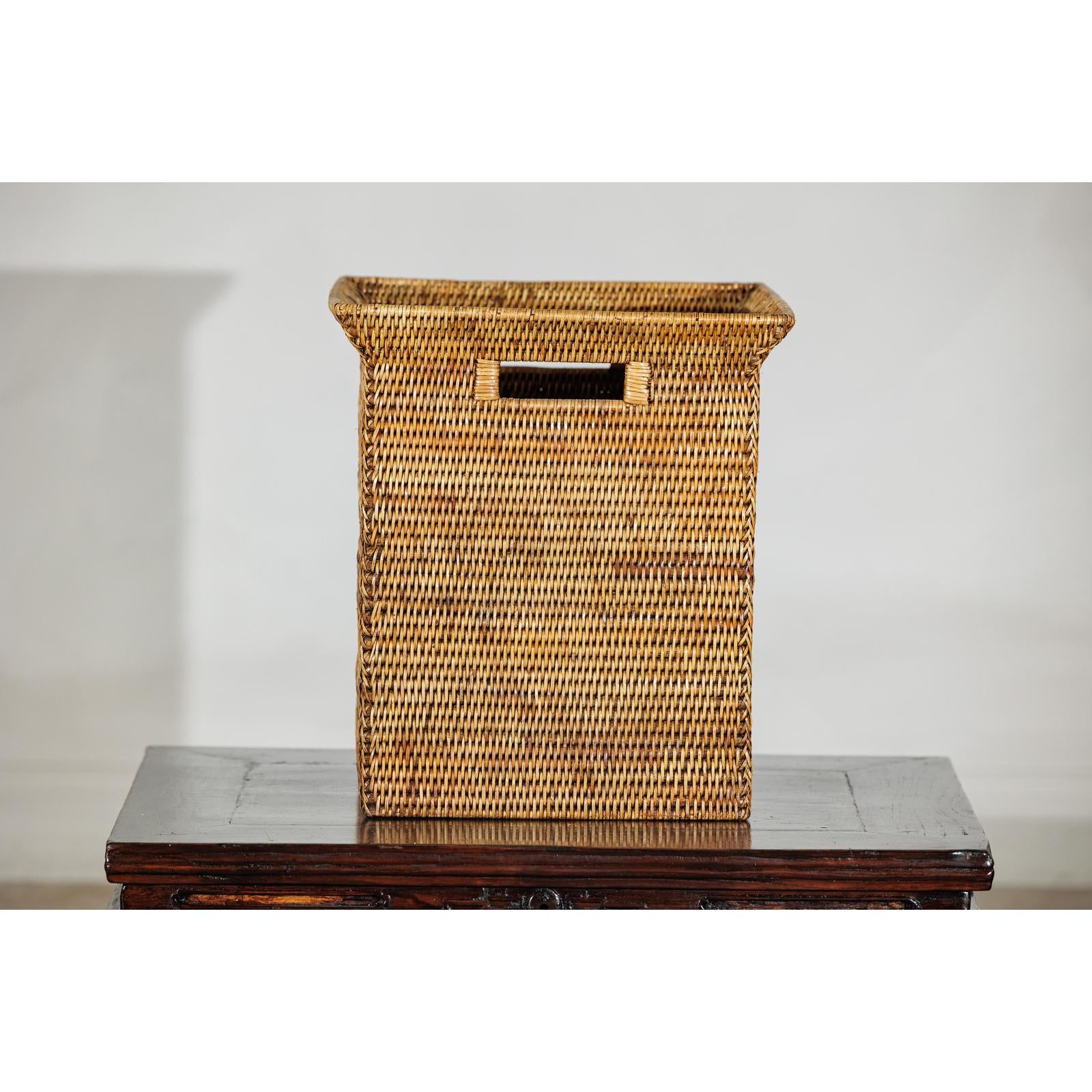 Square Handwoven Rattan Basket with Handles and Flared Rim | FEA Home