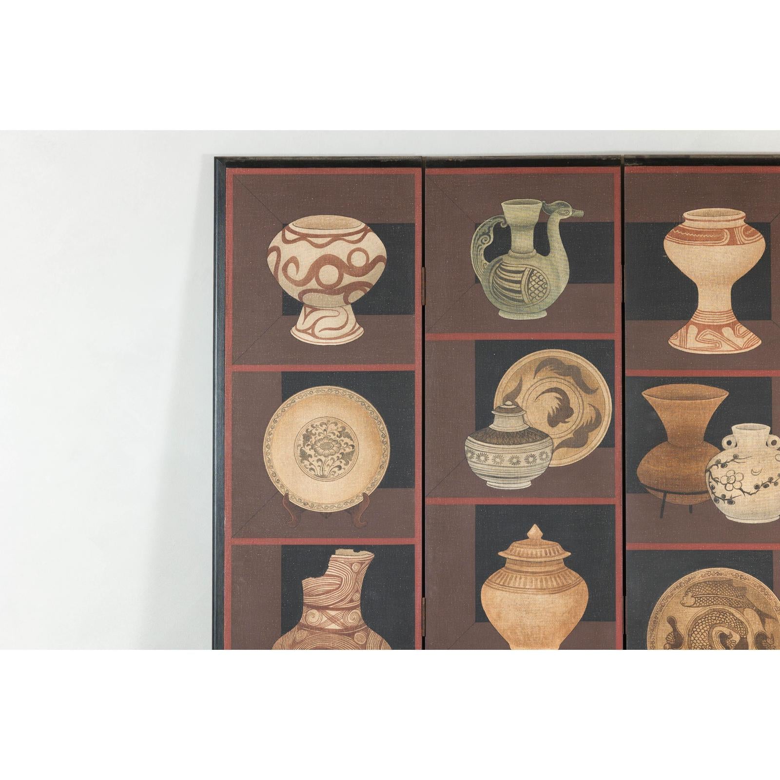 Brown Four-Panel Screen with Painted Vessels | FEA Home