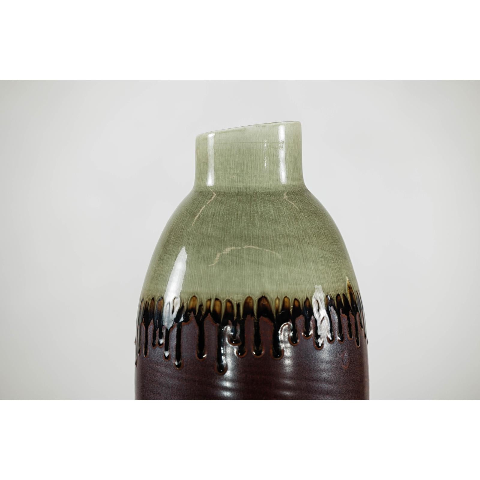 Green and Brown Vase with Drip Glaze and Asymmetric Rim | FEA Home