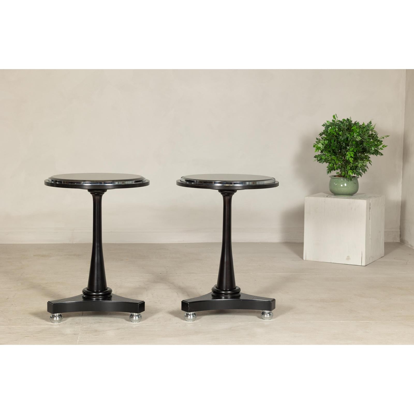 Pair of Black Marble Top Tables with Silver Ball Feet | FEA Home