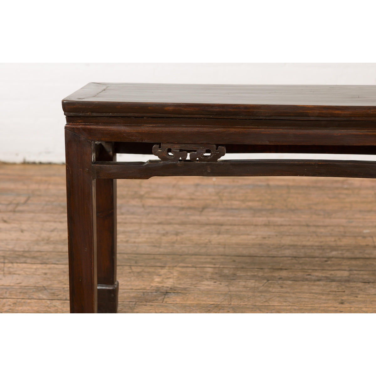 Low Narrow Display Table with Brown Patina and Carved Apron | FEA Home