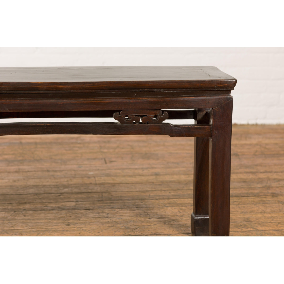 Low Narrow Display Table with Brown Patina and Carved Apron | FEA Home