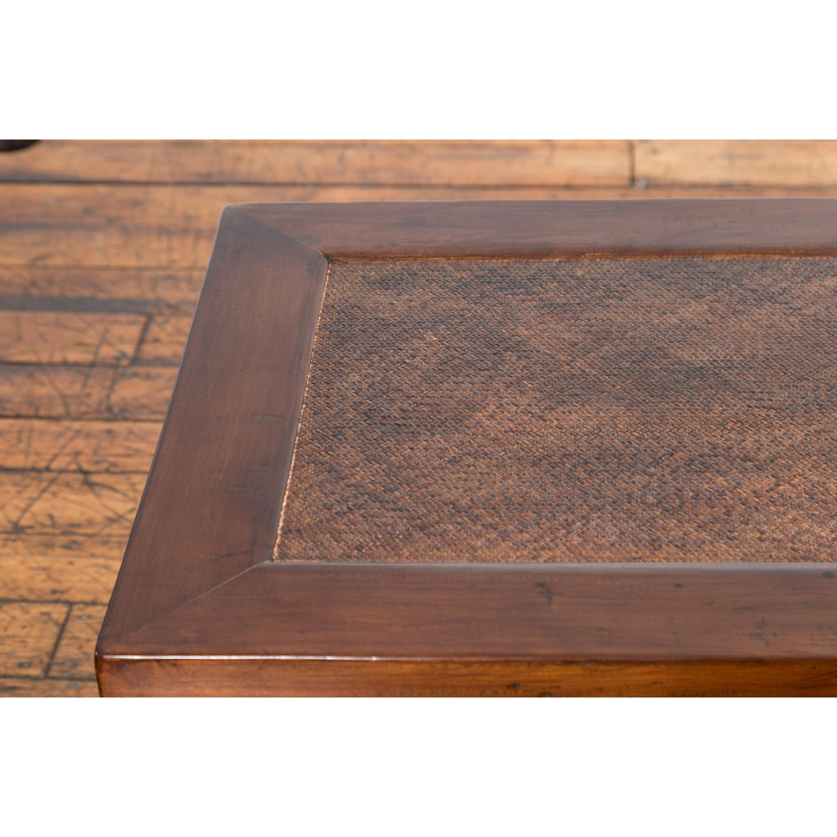 Low Rectangular Antique Coffee Table with Woven Rattan Top | FEA Home