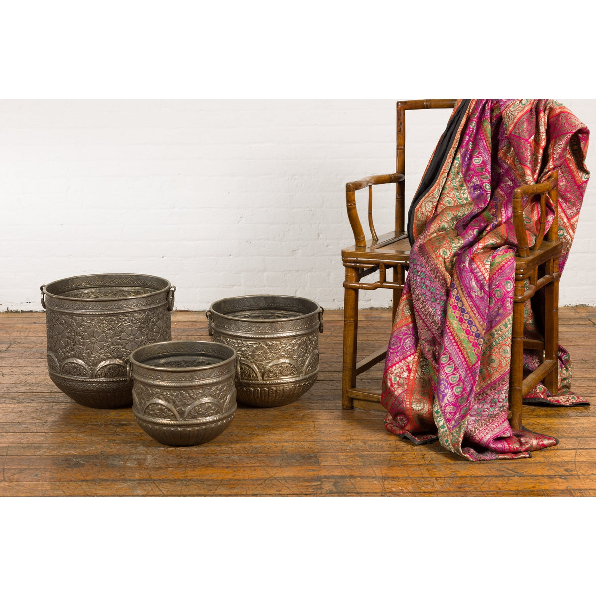Three Vintage Indian Nested Silver over Brass Vessels | FEA Home