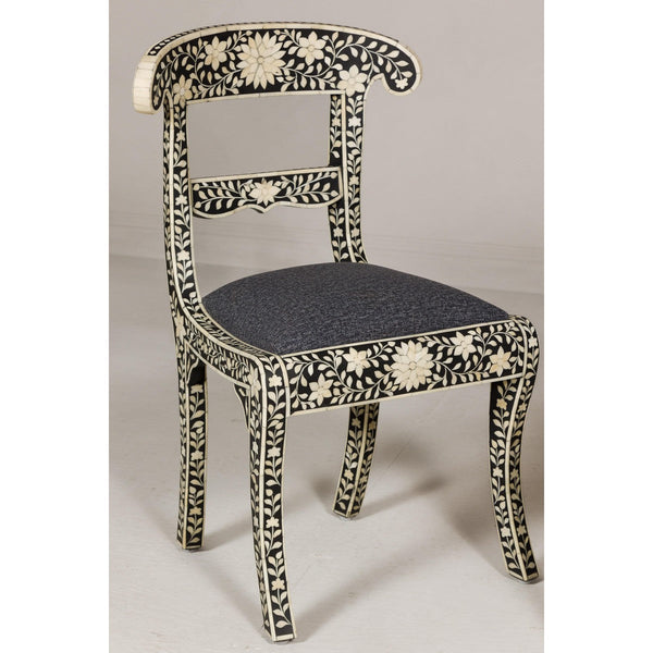 Anglo Style Ebonised Chairs with Floral Bone Inlay, Pair | FEA Home