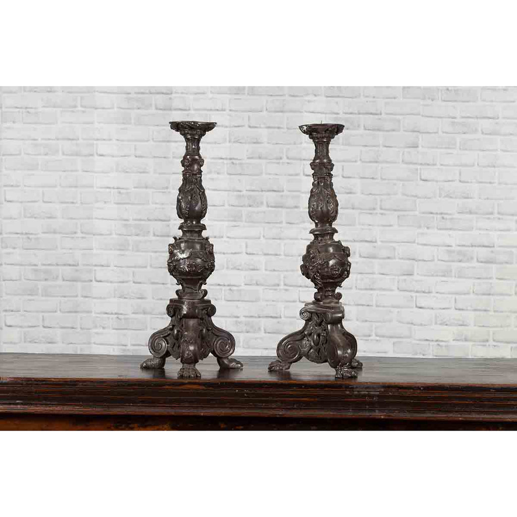 Pair of Vintage Baroque Style Bronze Candlesticks | FEA Home